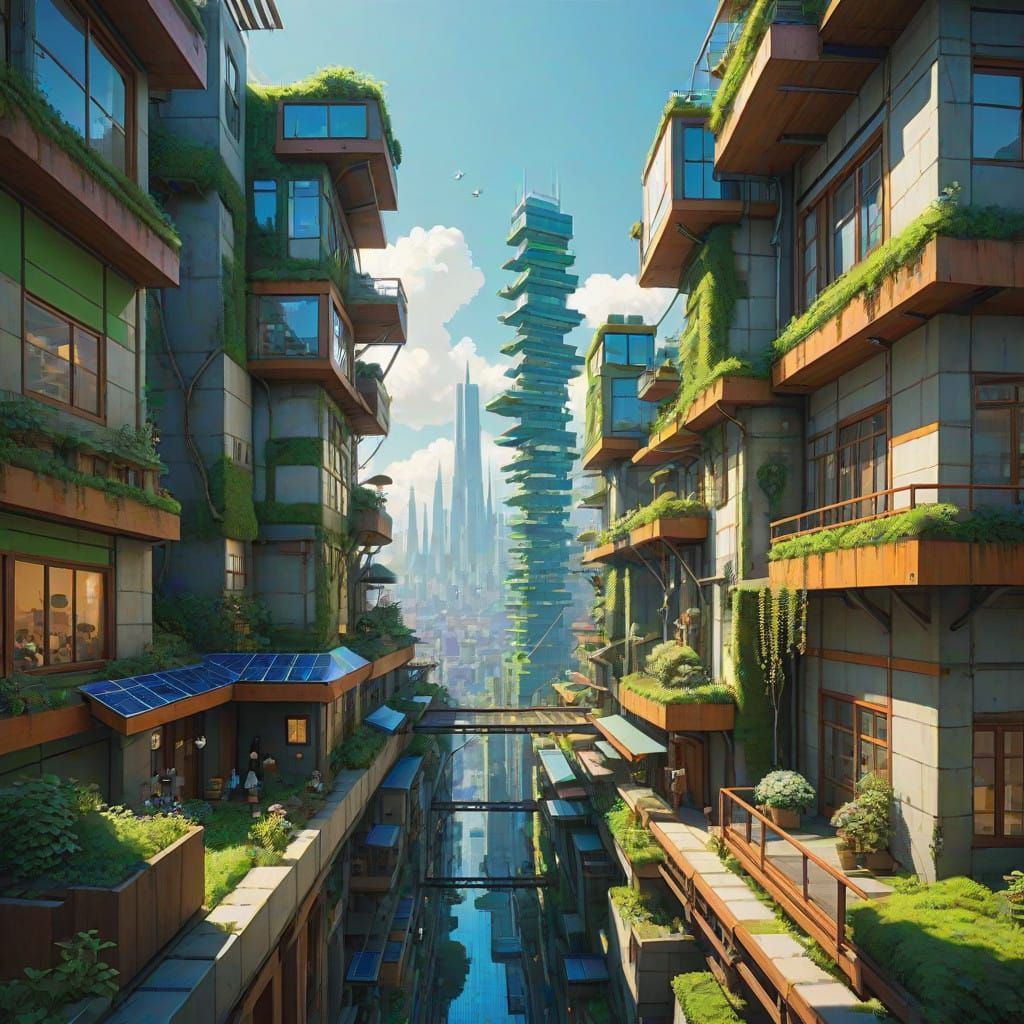 Elegant Solarpunk Cityscape with Reclaimed Wood an... - AI Art