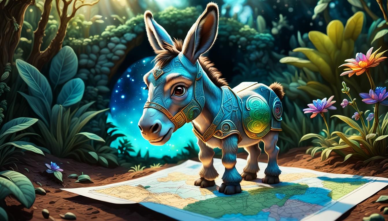 a little chibi donkey looks at a piece of paper with a map where the ...