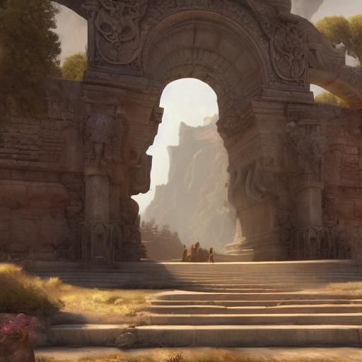 The large portal of a stone rampart, with ornate steel doors, flanked ...