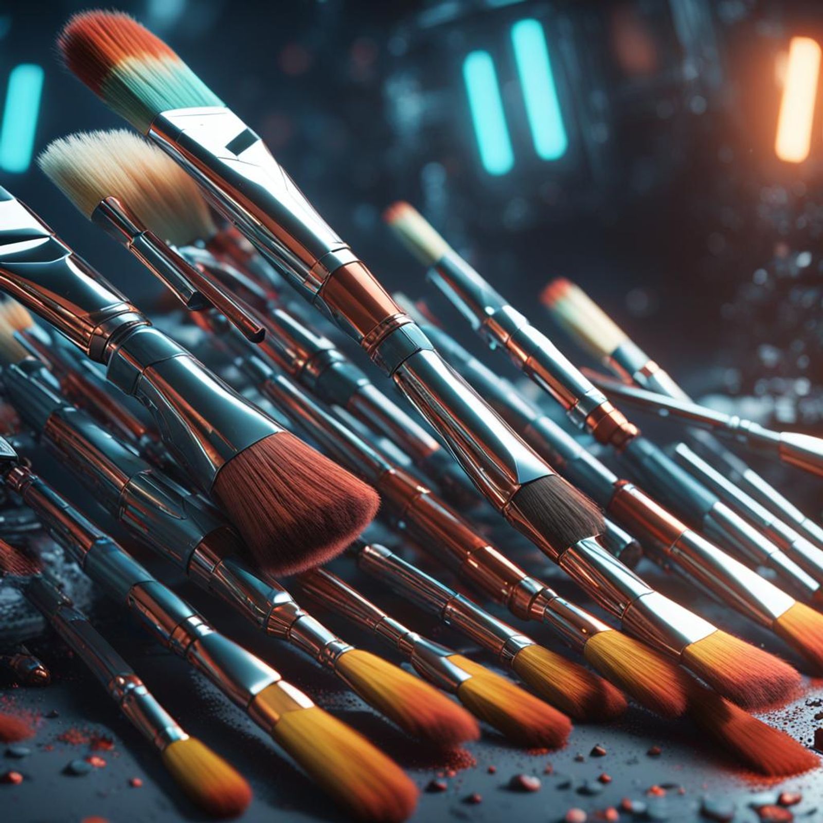 Paintbrushes, paint, brushes, intricate mech details, ground level shot ...