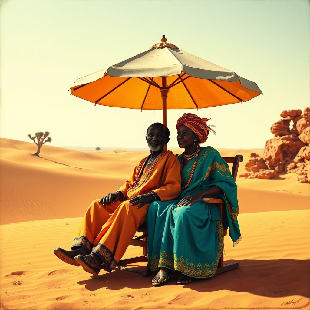 African Couple in Vintage Desert Scene with Tradit... - AI Art