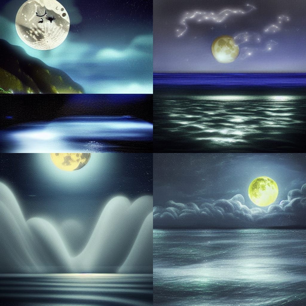 A digital art animated night dark view of the sea, illuminated by the ...