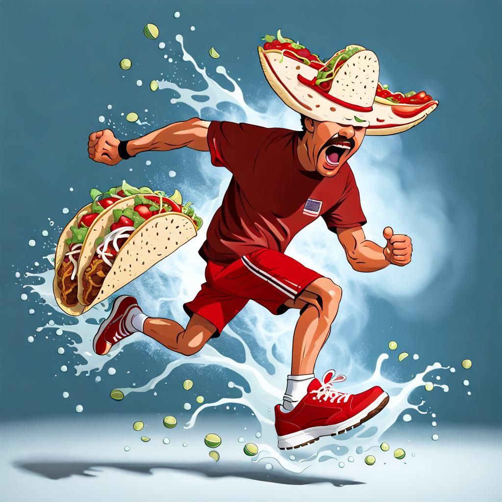 Taco Man Running Away From Tacos Splahing In Horchata - AI Generated ...