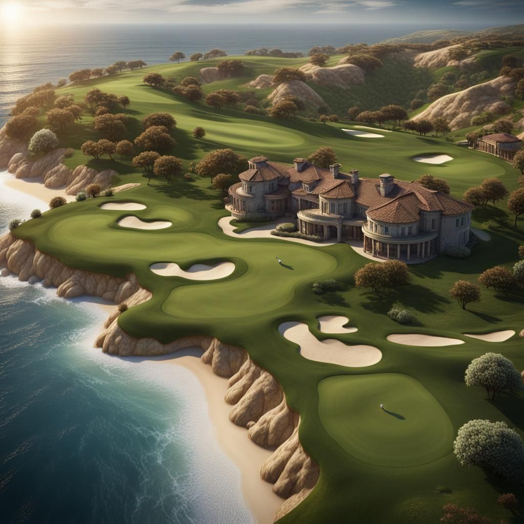 8k realistic, view from above of a gorgeous golf course on rolling ...