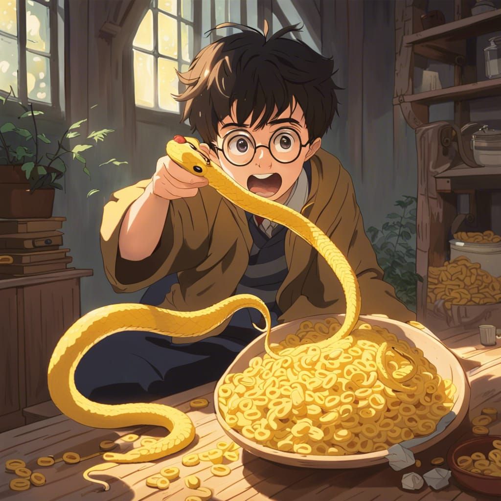 Harry Potter fighting a yellow snake while eating cheerios - AI ...
