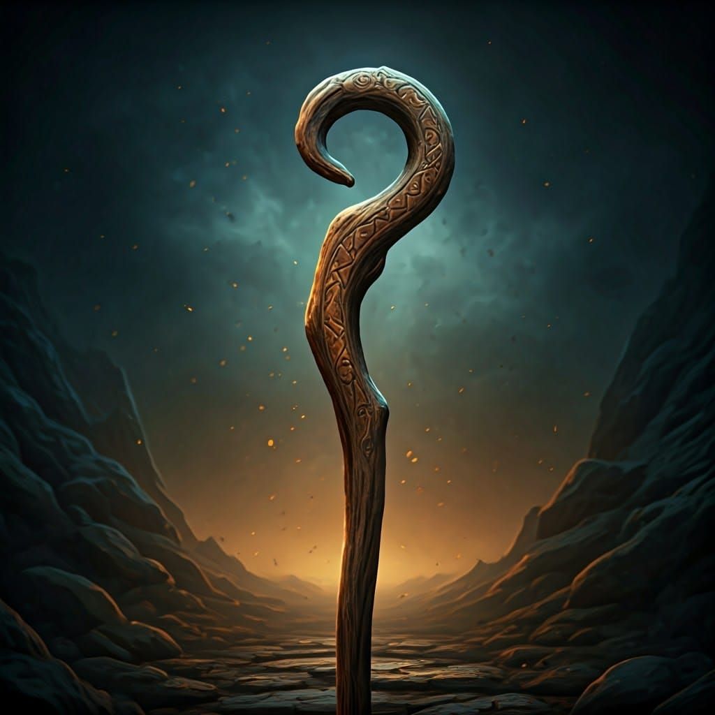 Wooden Rune-Carved Staff - Ancient Wood Carvings in Golden B...