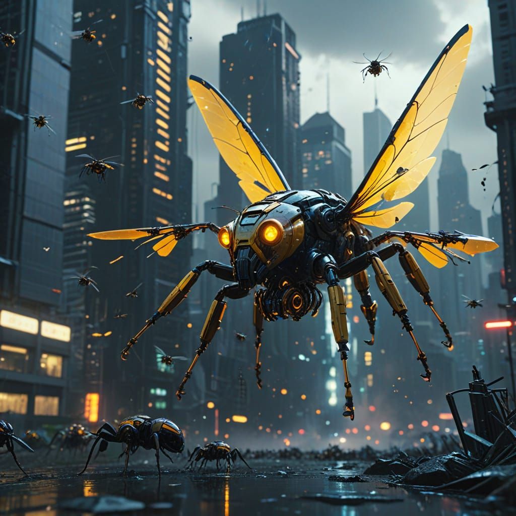 A swarm of futuristic robotic bees' invasion