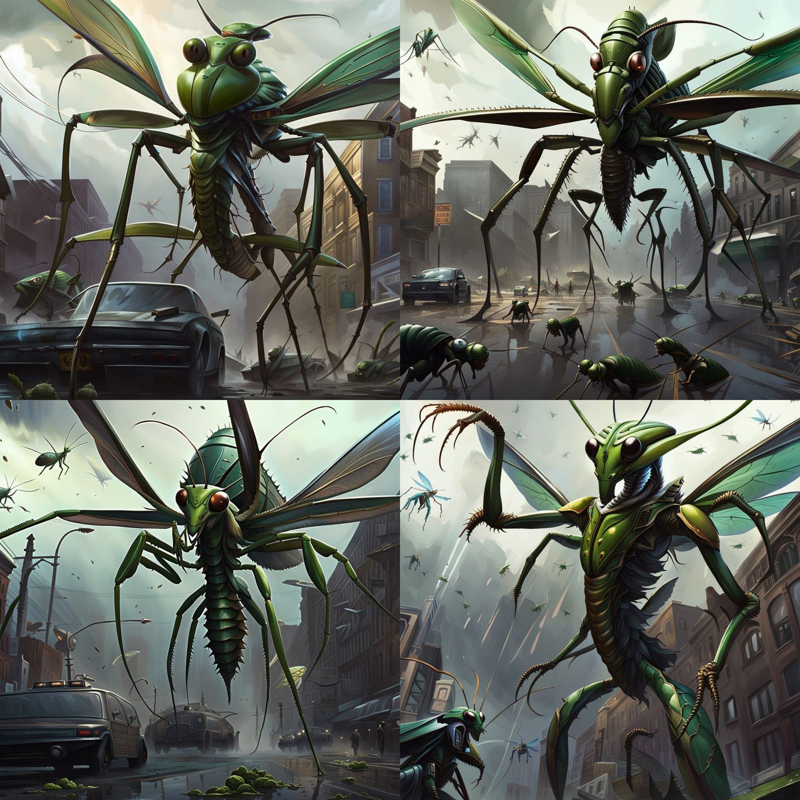 Praying Mantis monster with wings, swarming with insects, shot from ...
