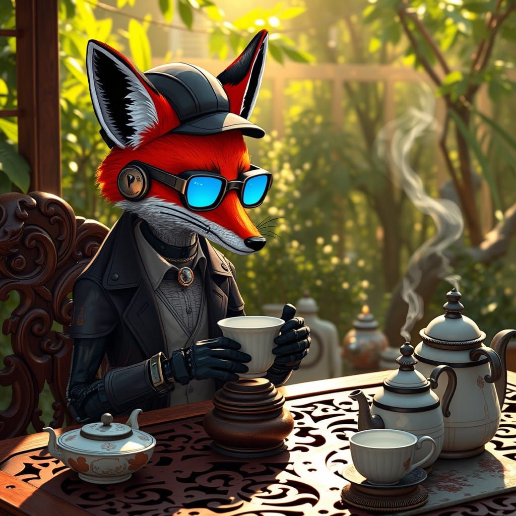 Cyborg Fox Sips Tea with Owner in Whimsical Garden... - AI Art