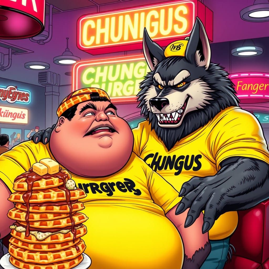 An extremely obese man and his Furry wolf partner eat huge stacks of ...