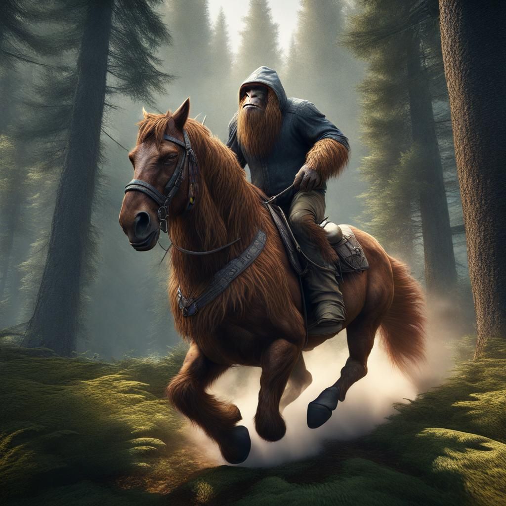 Sasquatch riding a horse in the forest, 64k resolution, a masterpiece ...