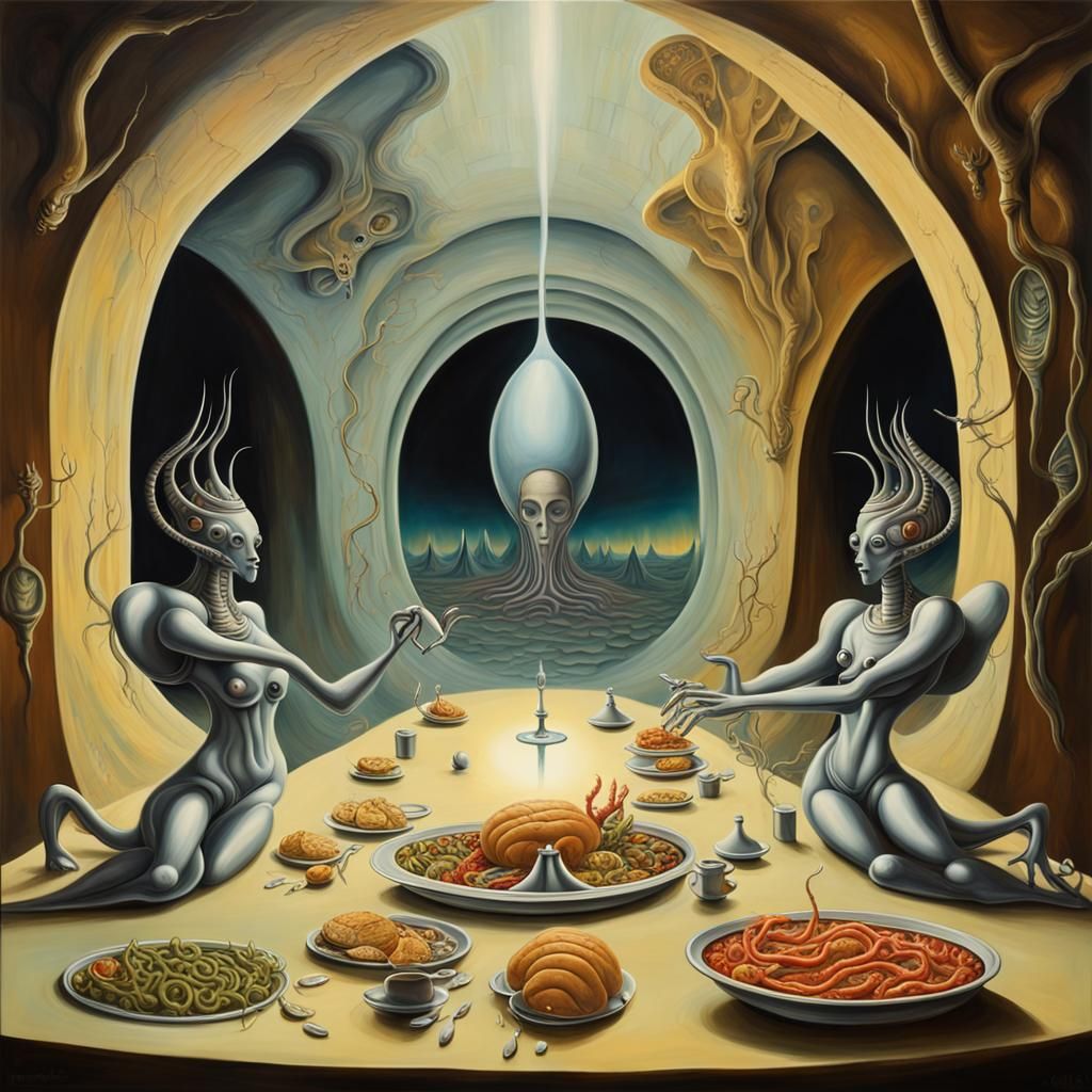 king and queen alien having a feast in an underground kingdom with an ...