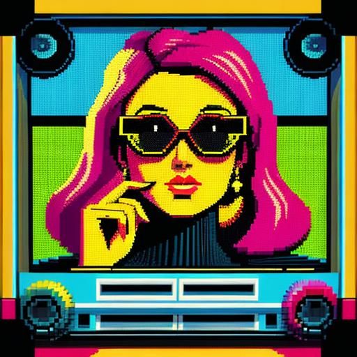 Voxel art, Retro Technicolor style scene of a woman wearing retro VR ...