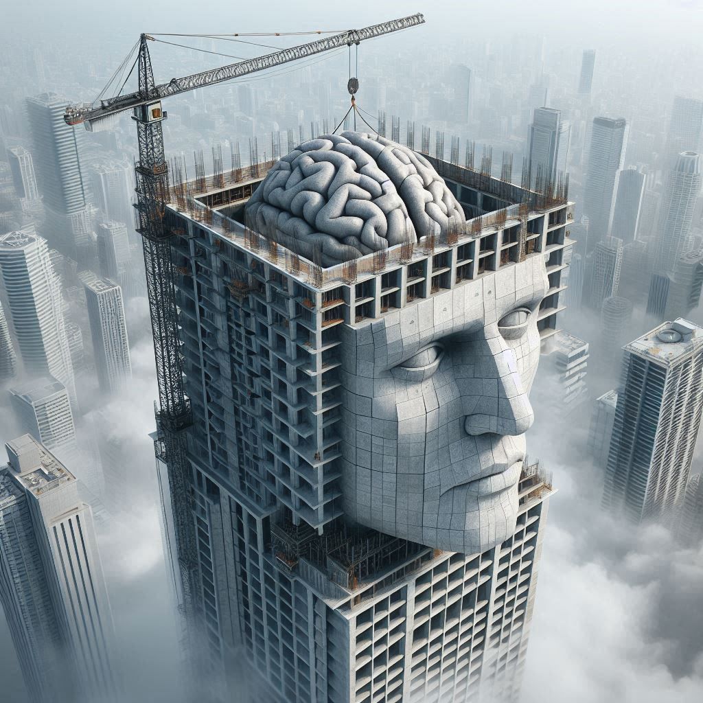 Crane inserting Brain in surreal head building - AI Generated Artwork - NightCafe Creator