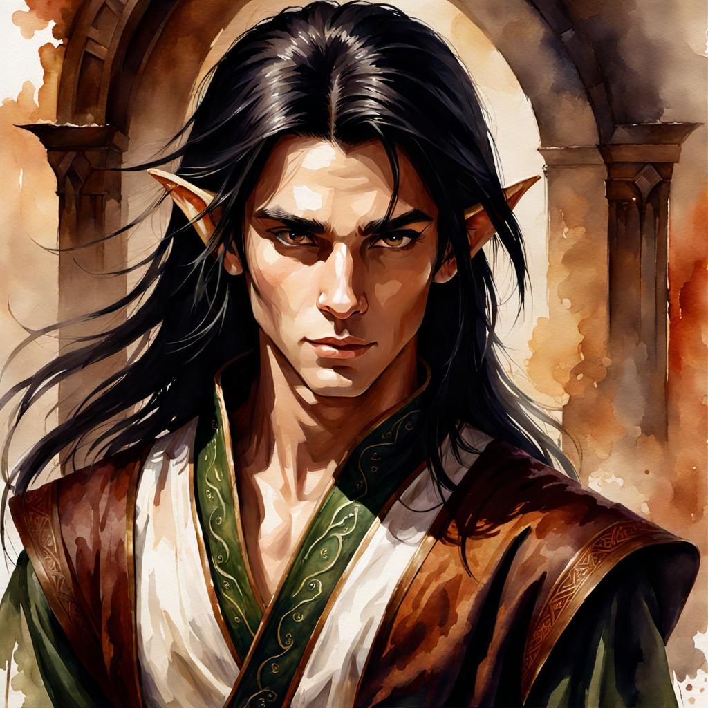 watercolor painting of A handsome attractive elf man (brown_eyes | long ...