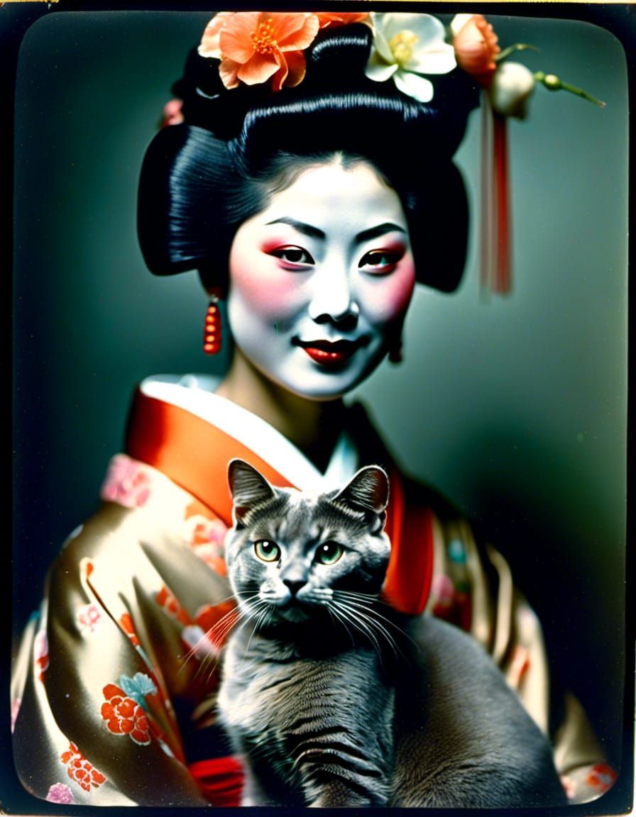 Smiling happy Geisha with cat silver iridescent shimmery shimmer ...
