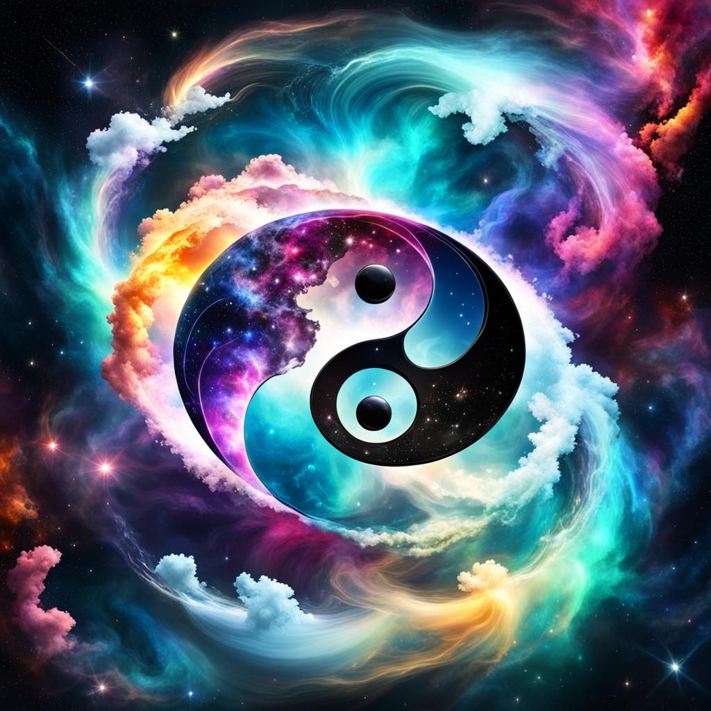 a 3d colorful vivacious yin-yang symbol floating in an ethereal way, background nebula - AI ...