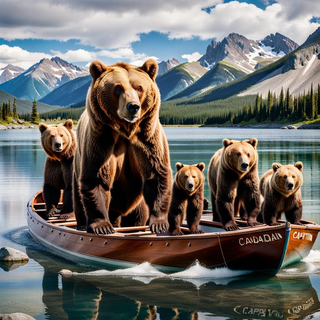 Boat with group of brown bears on it floating in Canadian Rocky ...