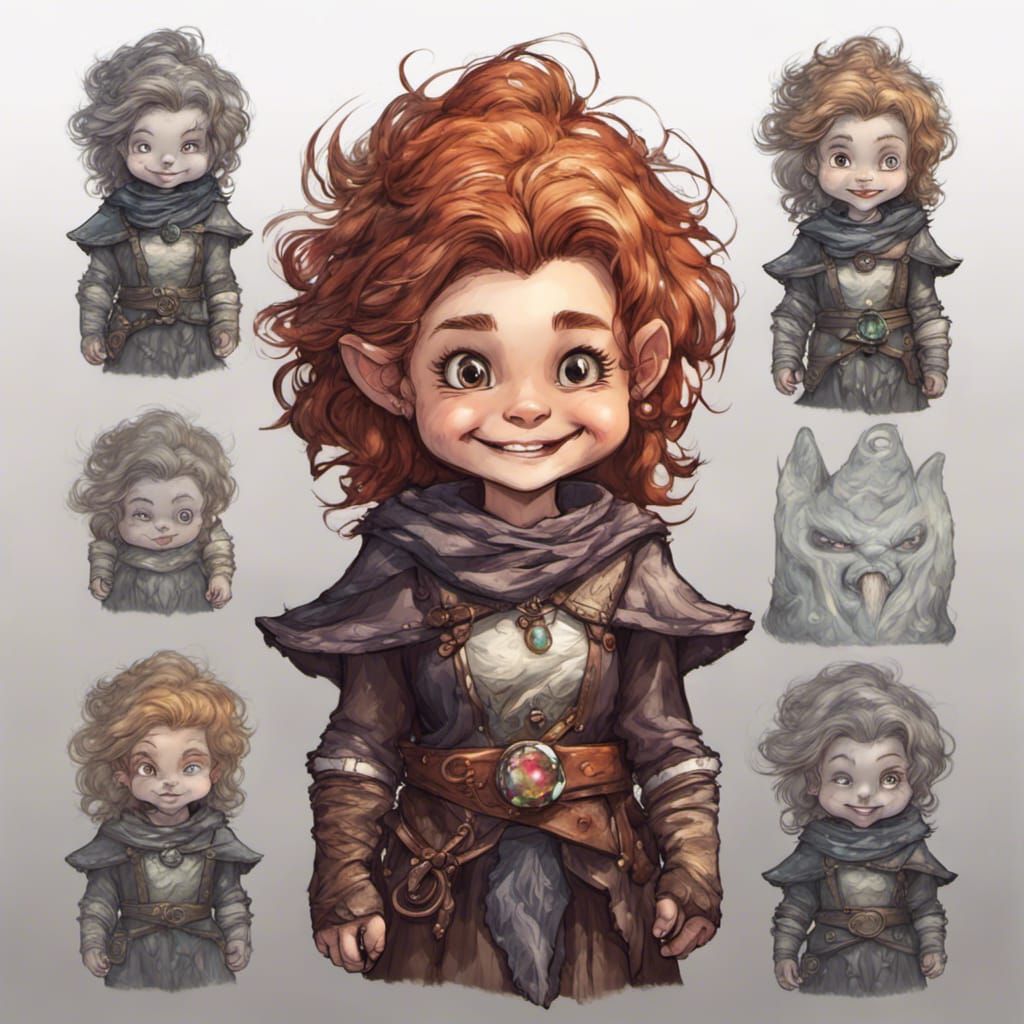 drawing female gnome dungeons and dragons d&d big smile happy, wild hair, wearing a thin leather ...