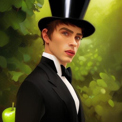 Pixel art of green apple on top hat covering well suited gentlemen in ...