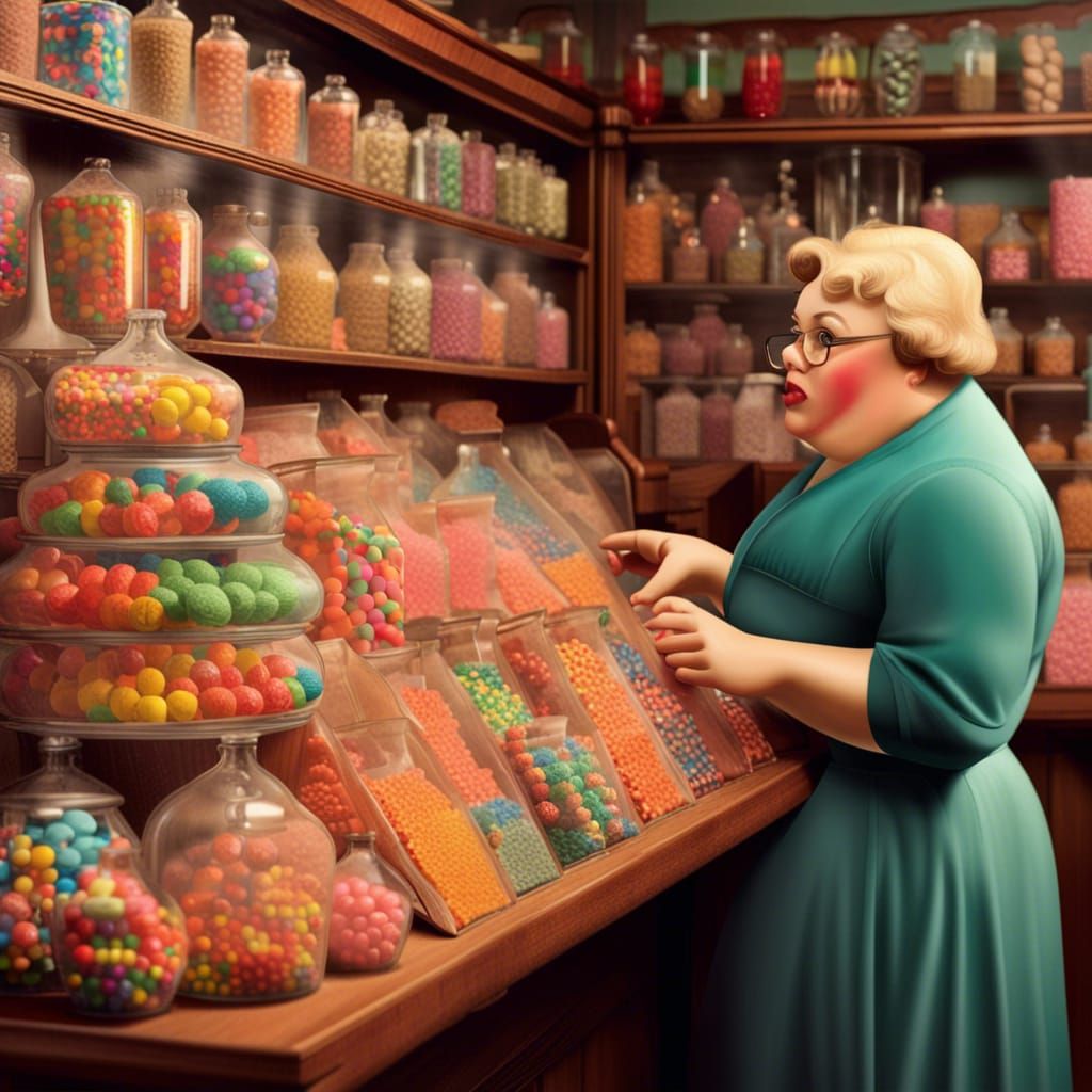 a candy shop from the 1920s with candy in different forms of big glasses all over the wooden ...