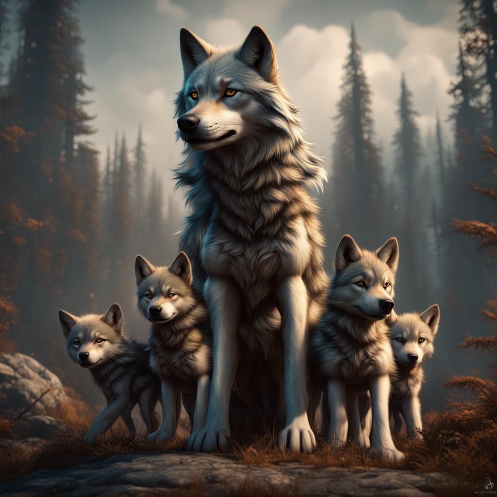 An adult wolf standing with a bunch of her puppy wolves - AI Generated ...
