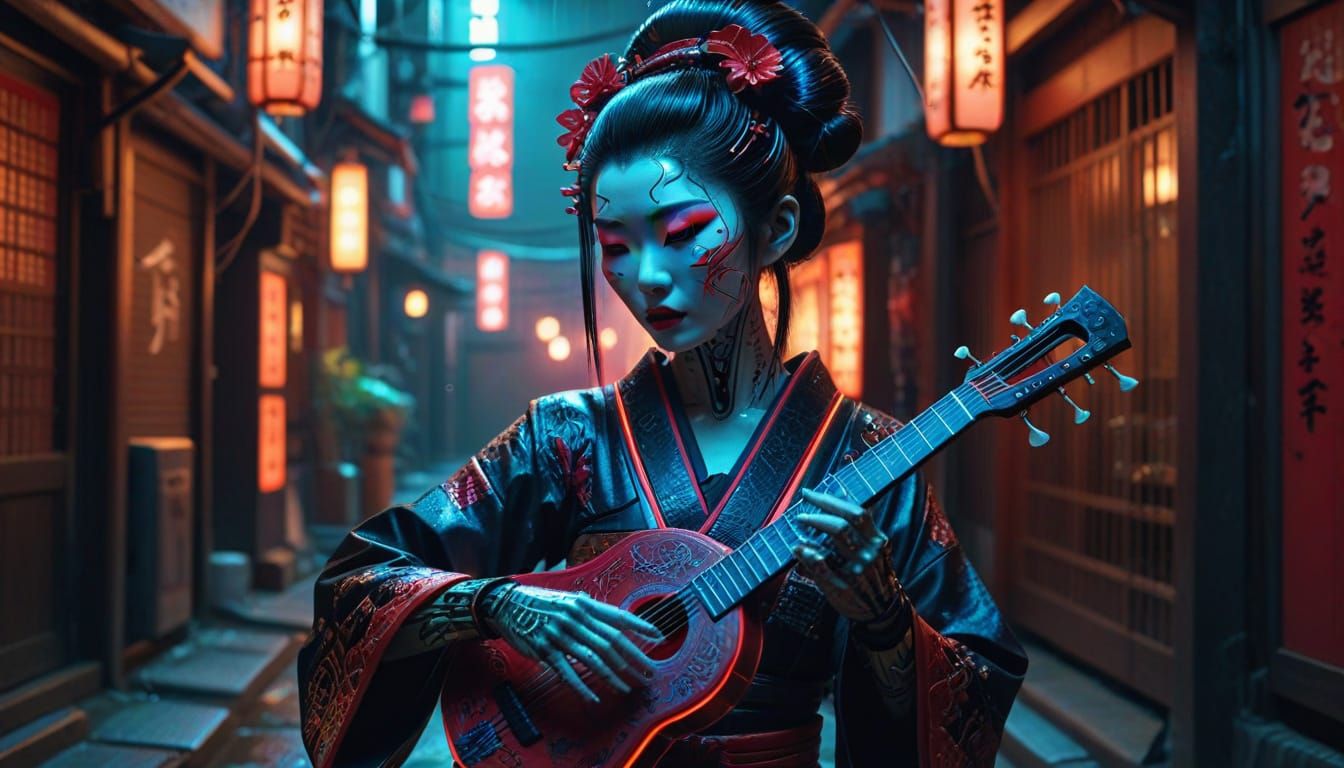 A cyborg geisha playing a traditional Japanese stringed instrument.