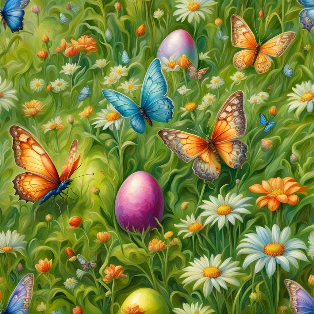 Fairies flitting in a meadow painting Easter eggs, green grass, flowers ...