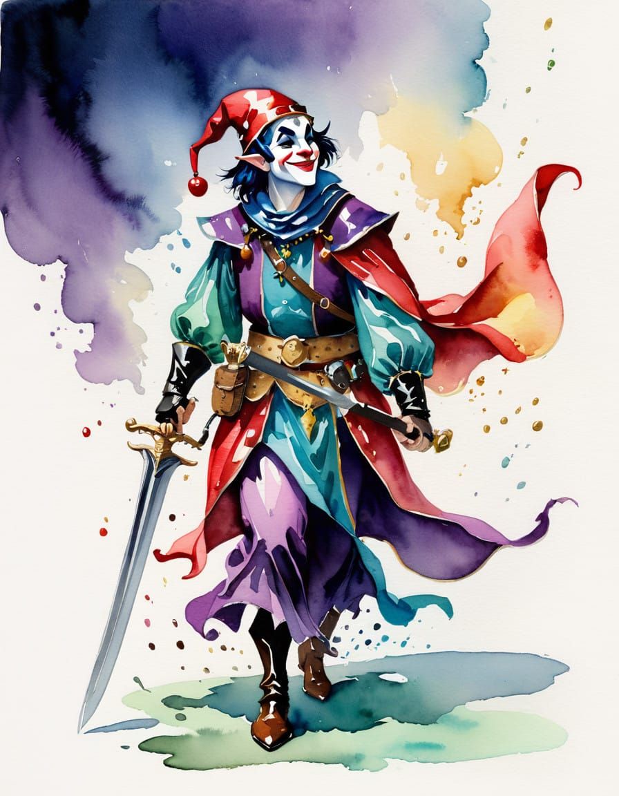Jester Proves Puns Outshine Swords in Watercolor S... - AI Art