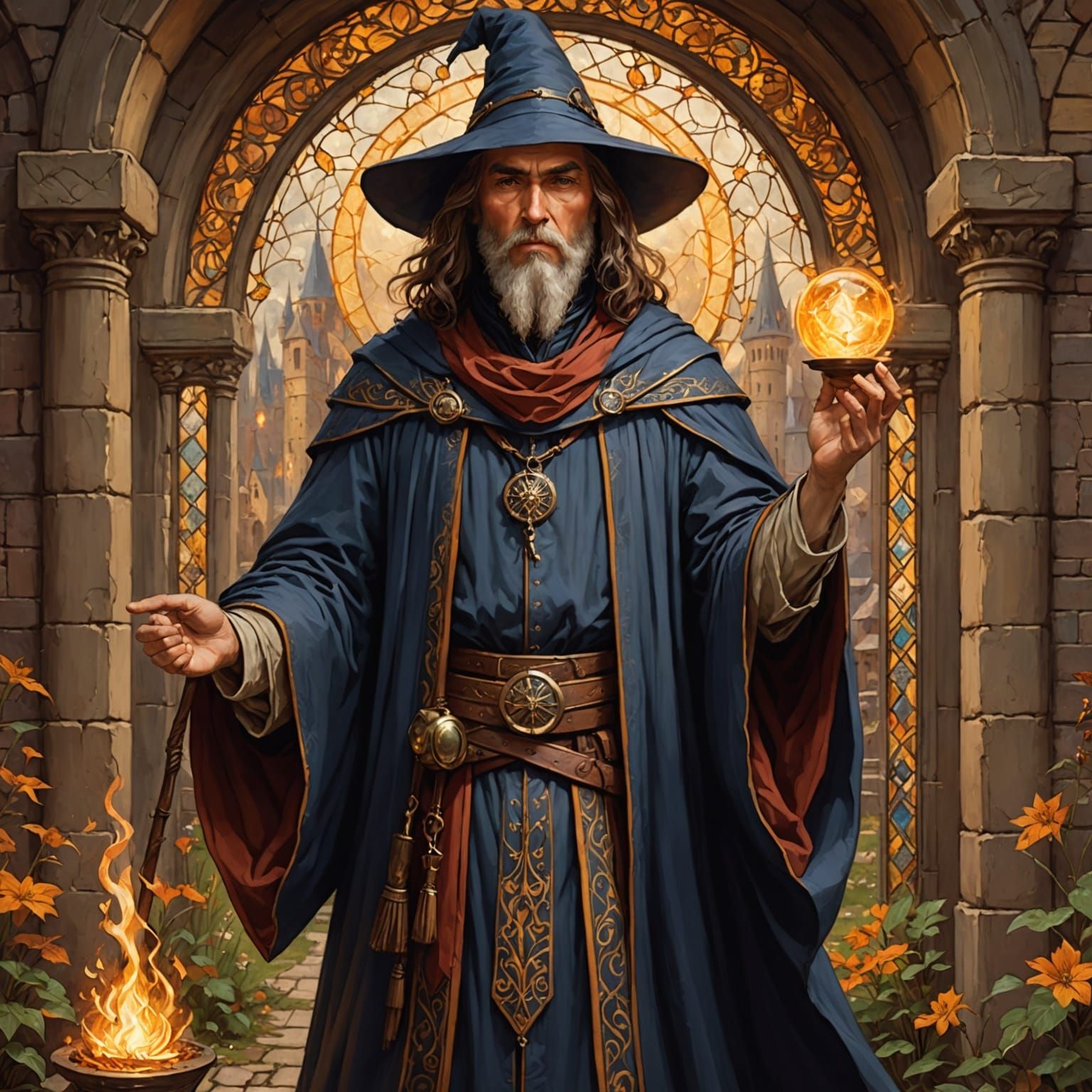 The Wizard And Two Fires - Medieval Wizard Amidst Warm Color...