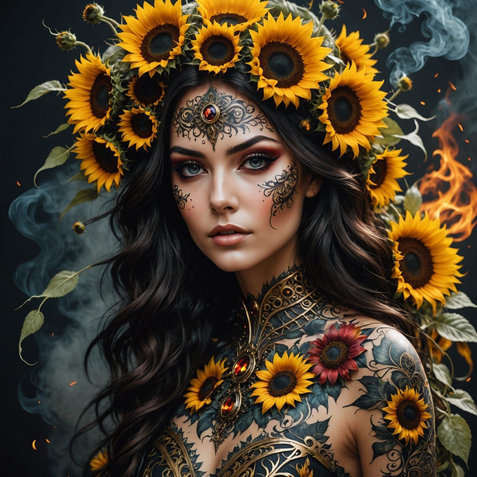 Cyborg Goddess in Sunflower Glory with Intricate F... - AI Art