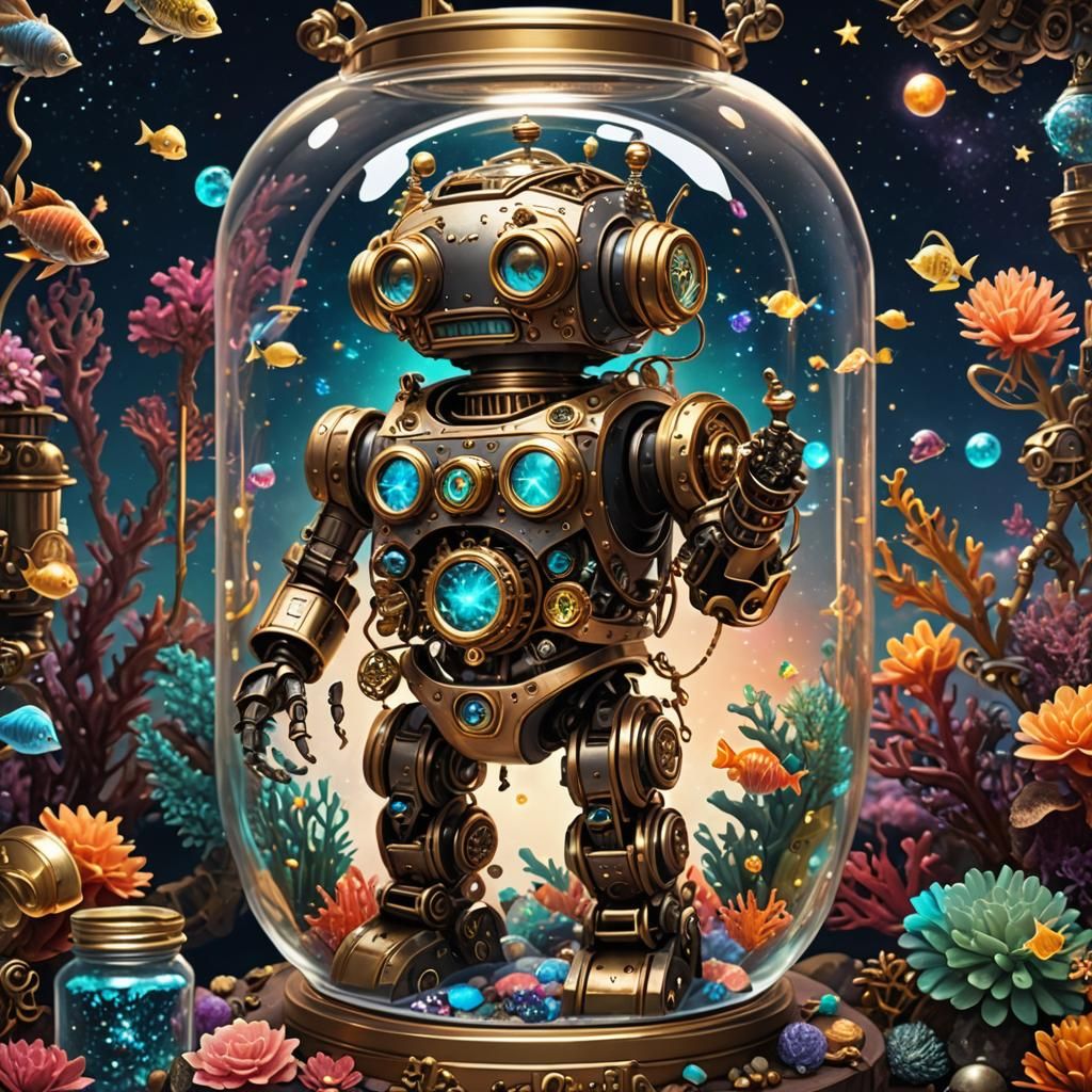 (hyper detailed shiny artwork of a cute little steampunk robot sit in a ...