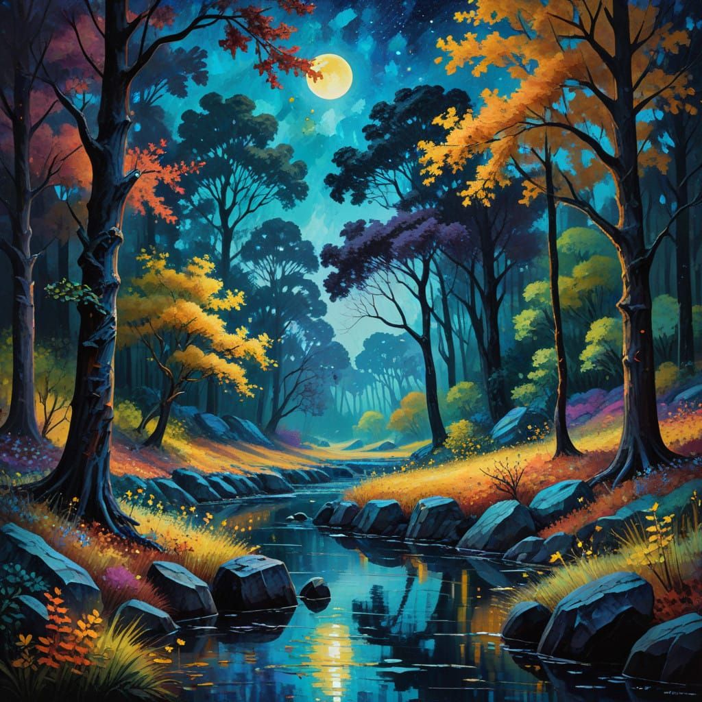 Moonlit Autumn Hot Springs in Vibrant Gouache Styl... - AI Art