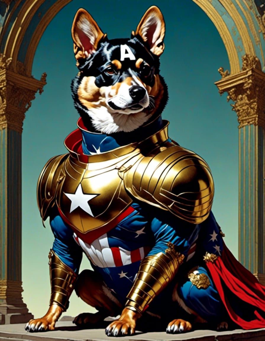 corgi dressed as captain america, dog, heavy gold obsidian armor ...