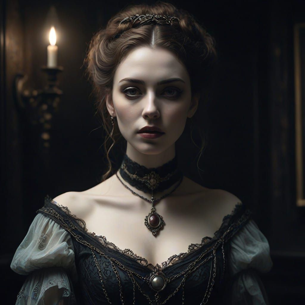 A haunting gothic ghost girl with tattered, Victorian-era attire and ...