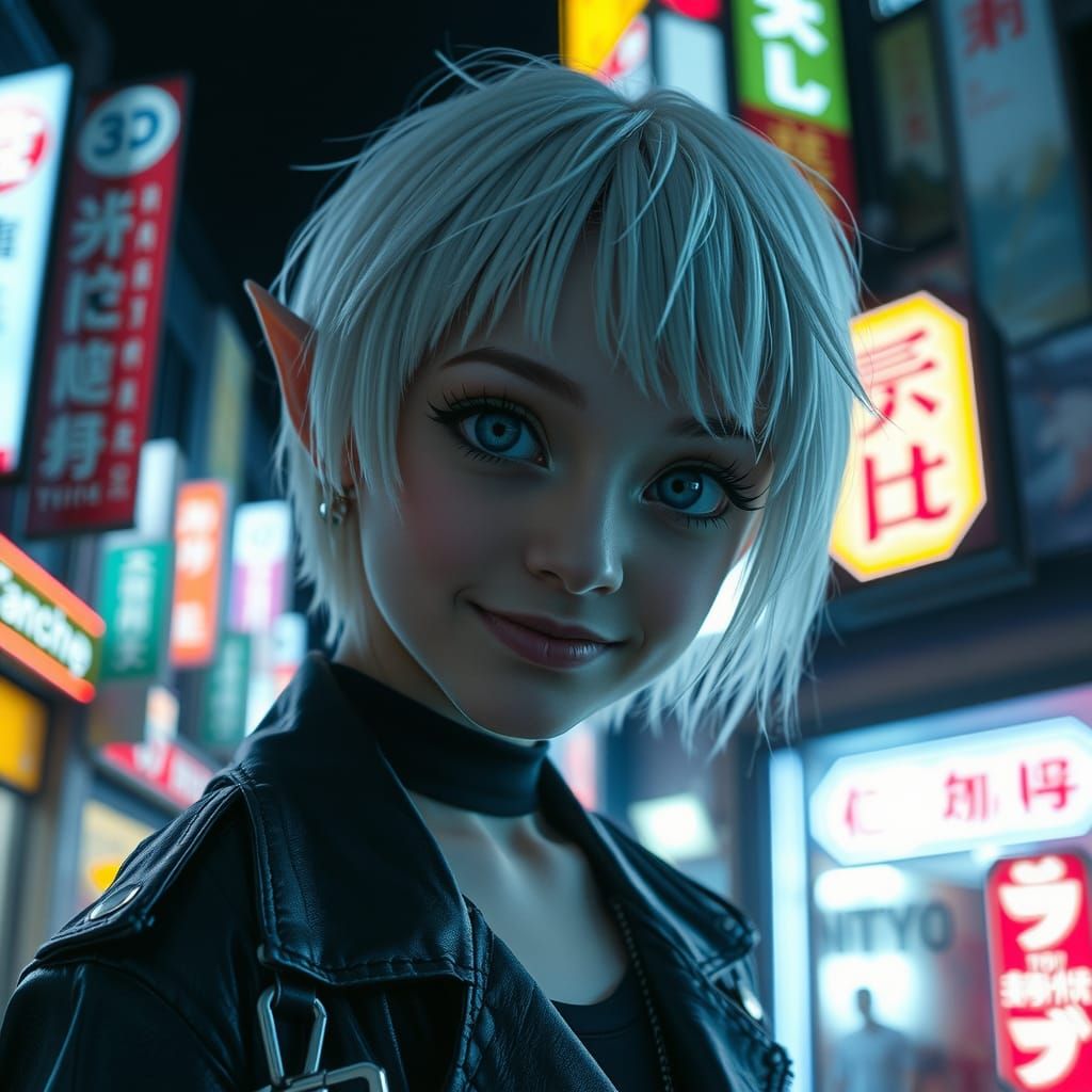 Cute cyberelf in punk attire in neo Tokyo with an adorable smile. ghost ...