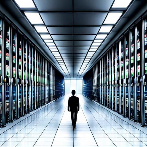 Server Racks On either side of the image with a large AI at the end of ...