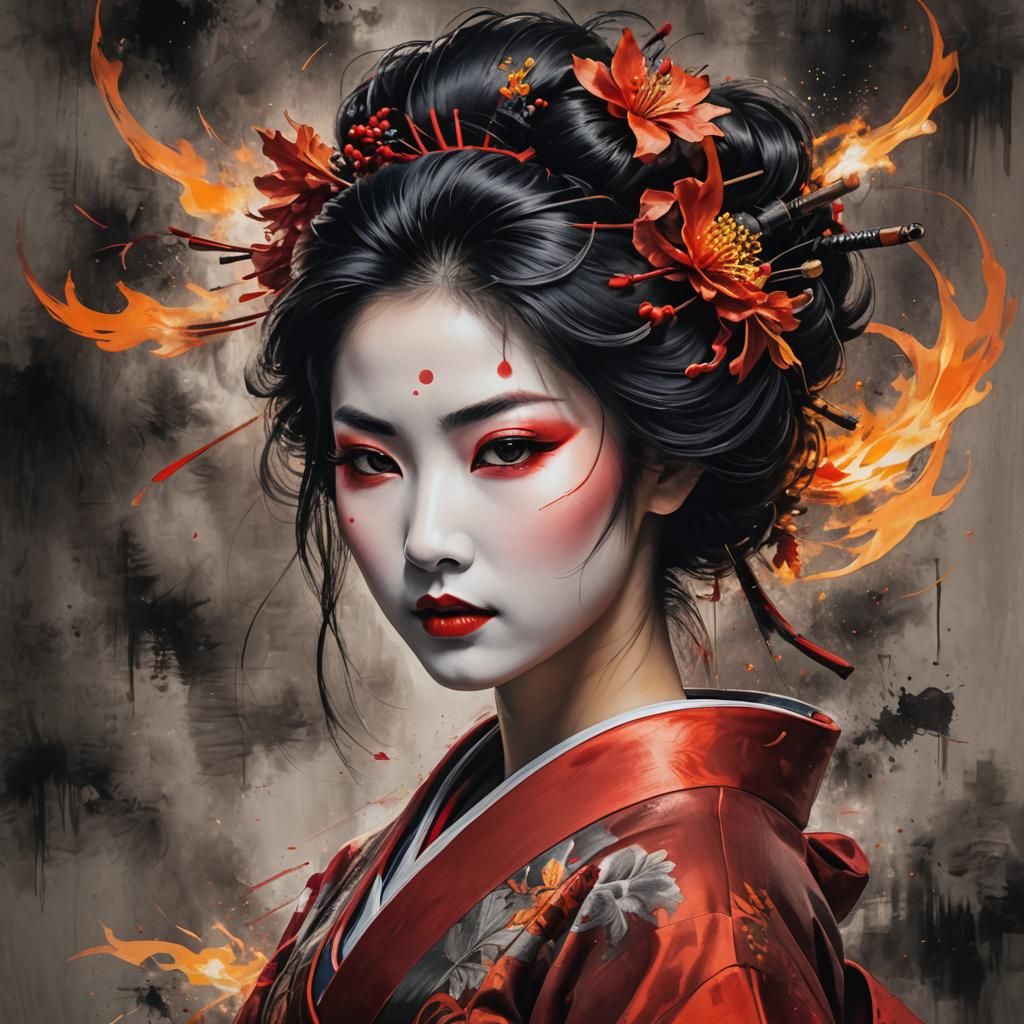 Chalk & Ink Geisha Portrait 4 - AI Generated Artwork - NightCafe Creator