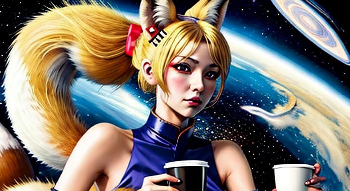 A kitsune girl with fox ears and a skimpy space outfit in a space bar ...