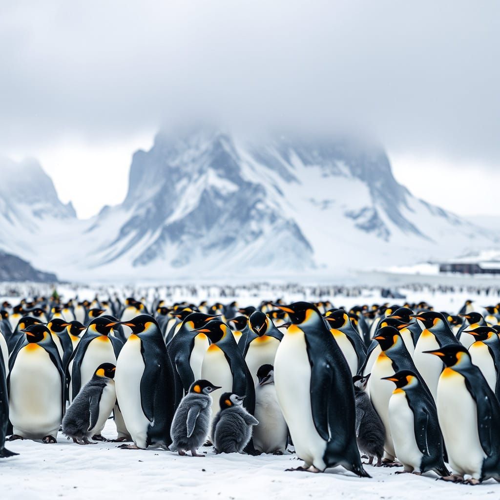 penguins - Dramatic Antarctic Scene of Emperor Penguins in S...