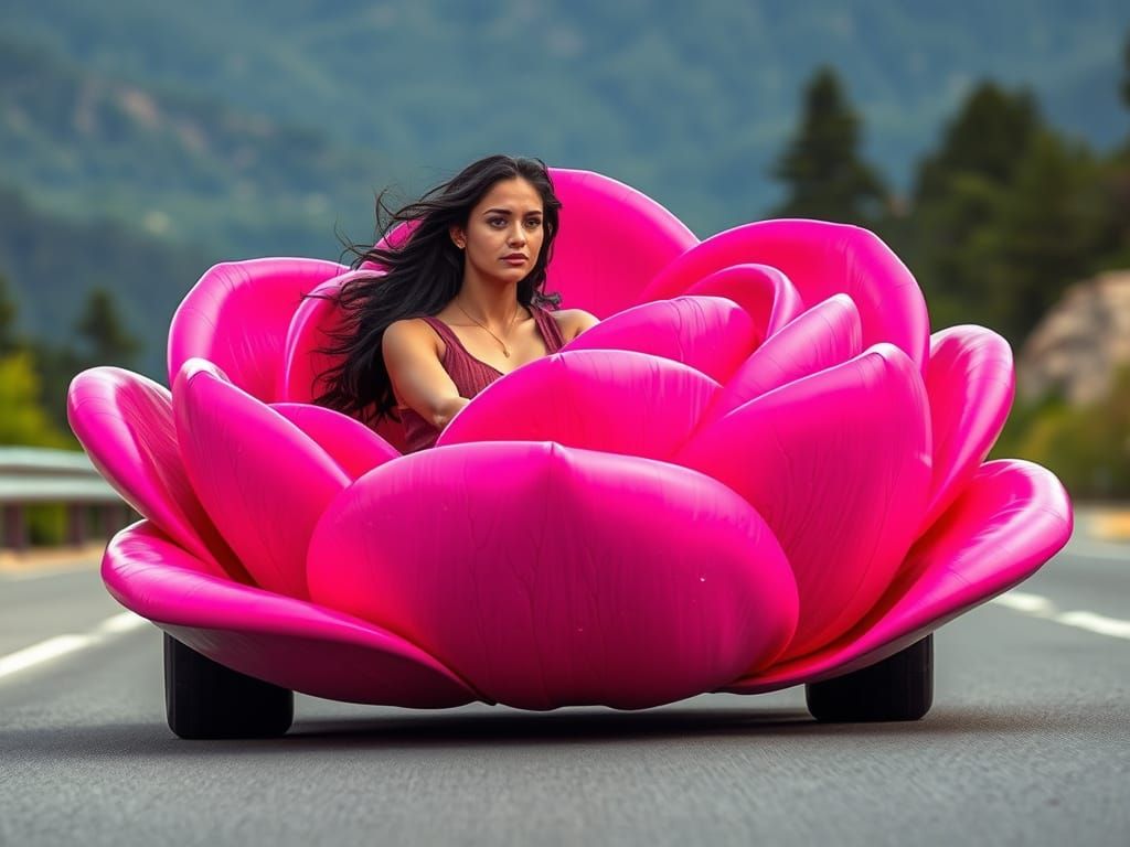 A young woman confidently drives a massive, vibrant neon pink flower ...