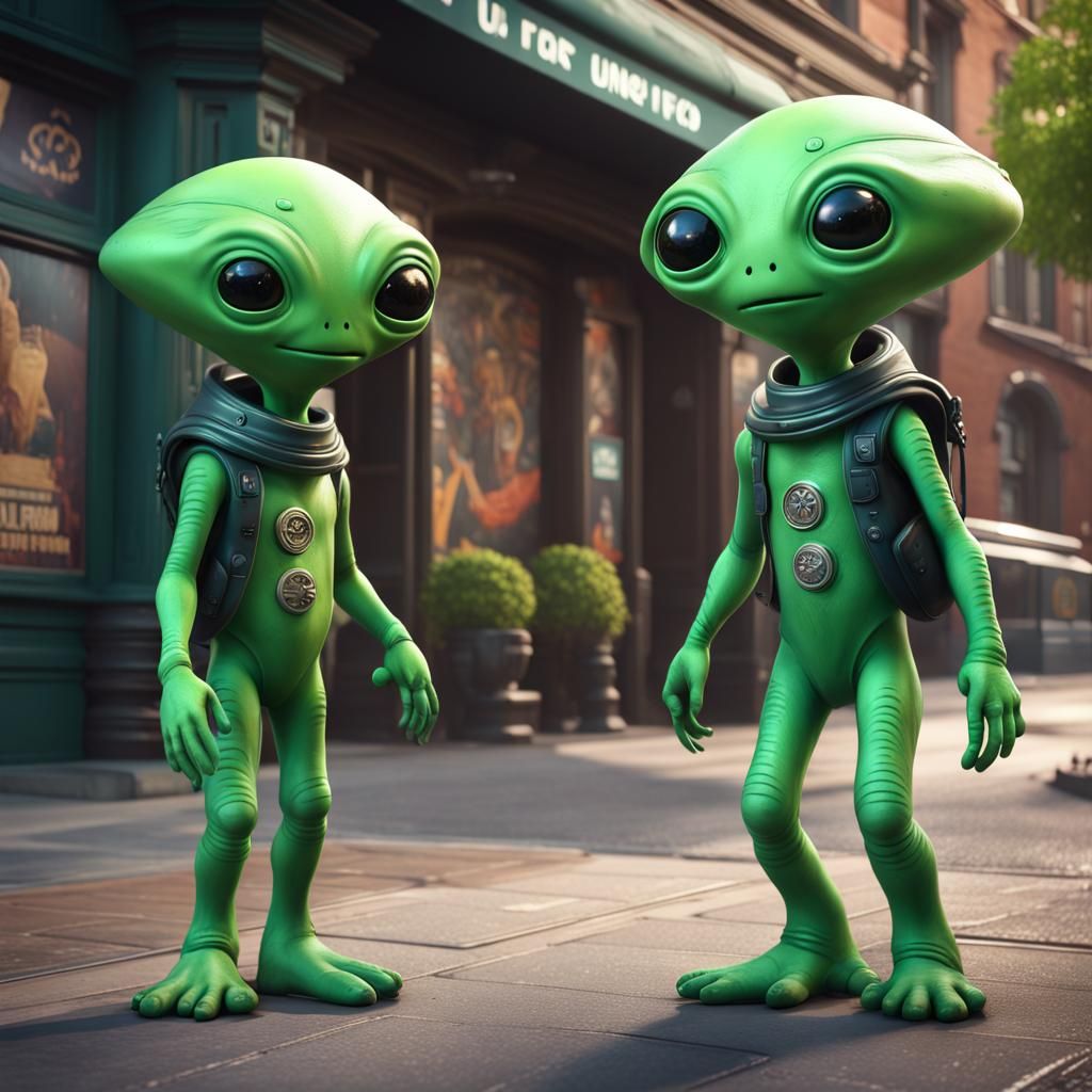 8k realistic, two cute green aliens walking on the sidewalk, next to ...