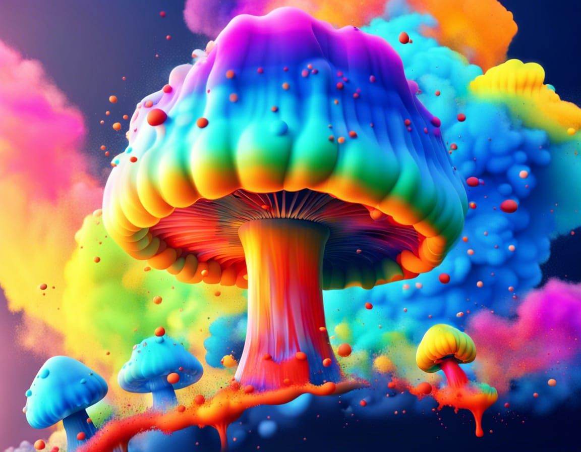 Mushroom cloud with colored paint splashes, 3D illustration, AI ...