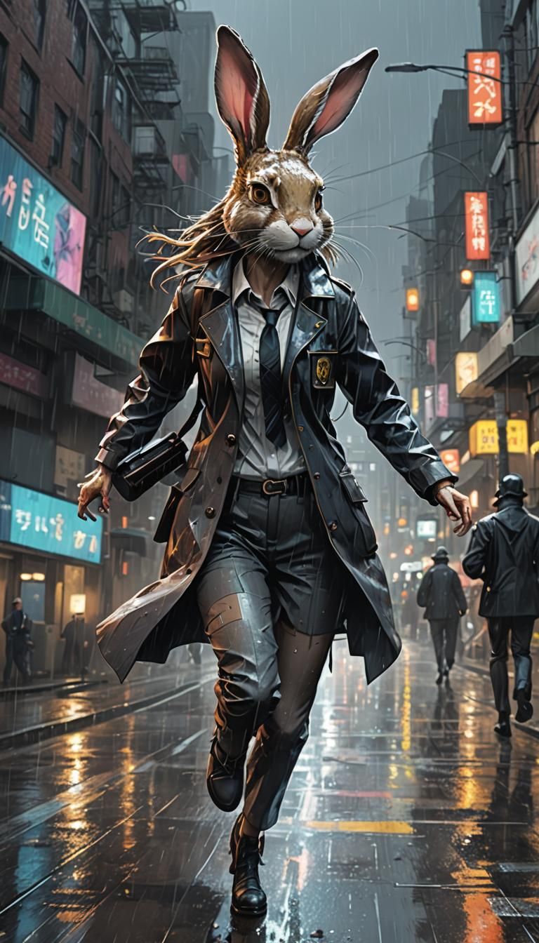 Cyber_rabbit girl detective running down street in the rain chasing ...