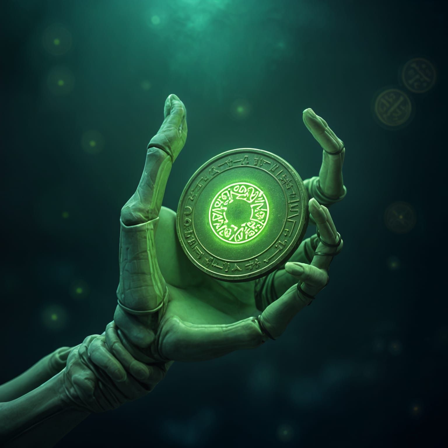 Electric Green Coin in Neon-Lit Ferryman's Hand, K... - AI Art