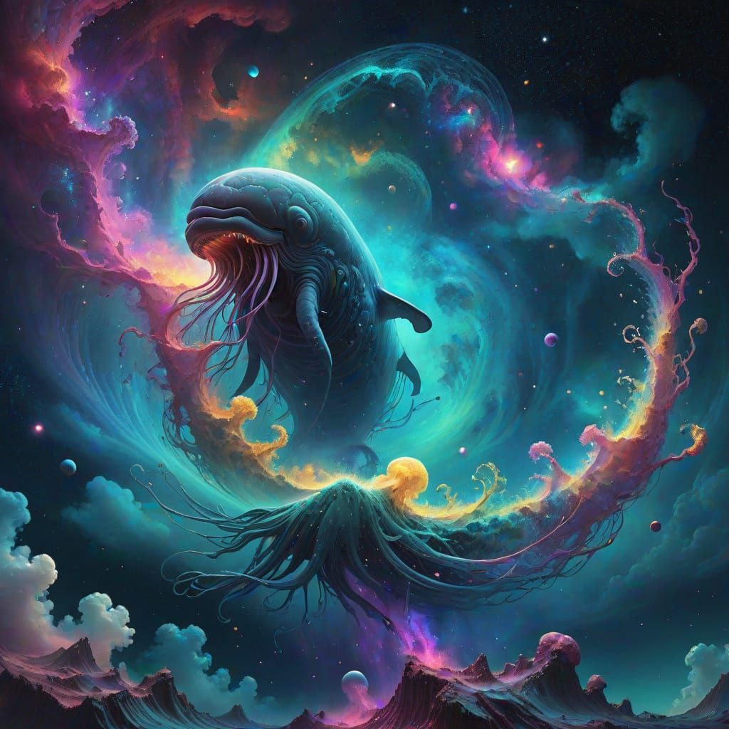 “A cosmic, awe-inspiring abyss where a celestial whale, its body shimmering with starlit scales ...