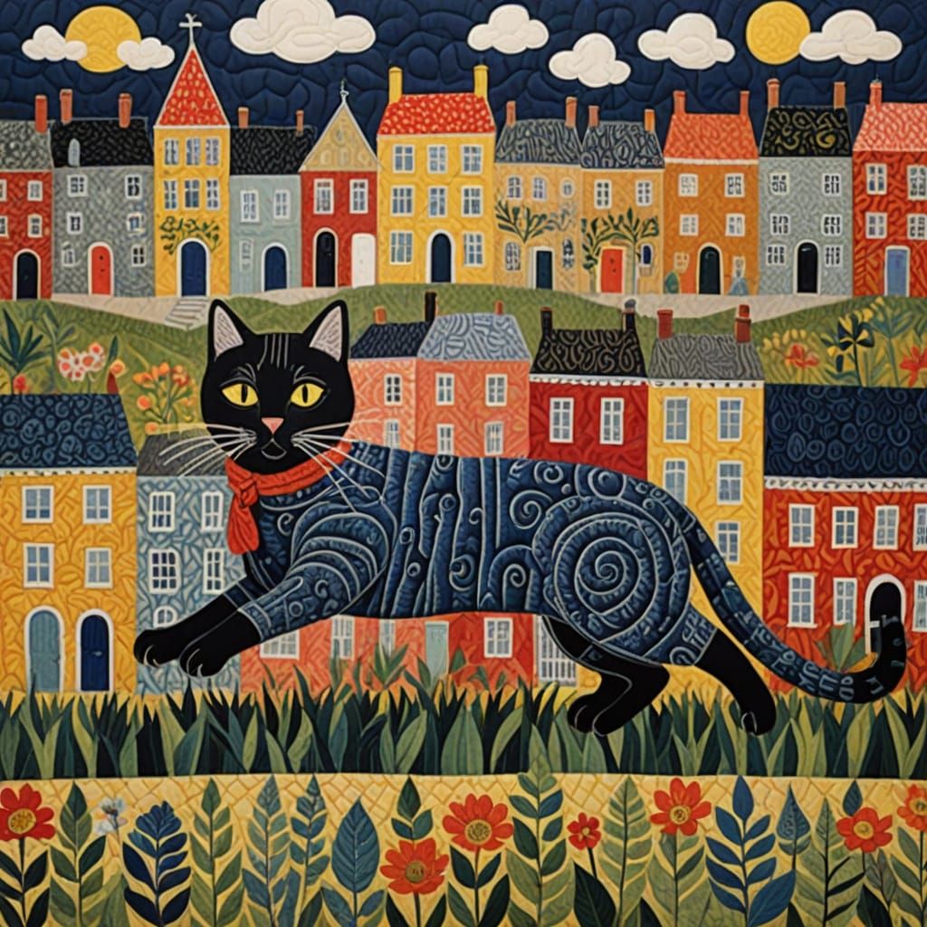 Winged cat made of fabric, chasing a winged mouse made of fabric , cat ...