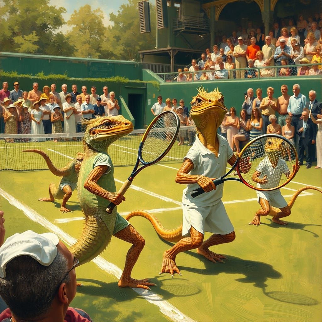 Lizards Play Tennis: Whimsical Oil Painting - AI Art