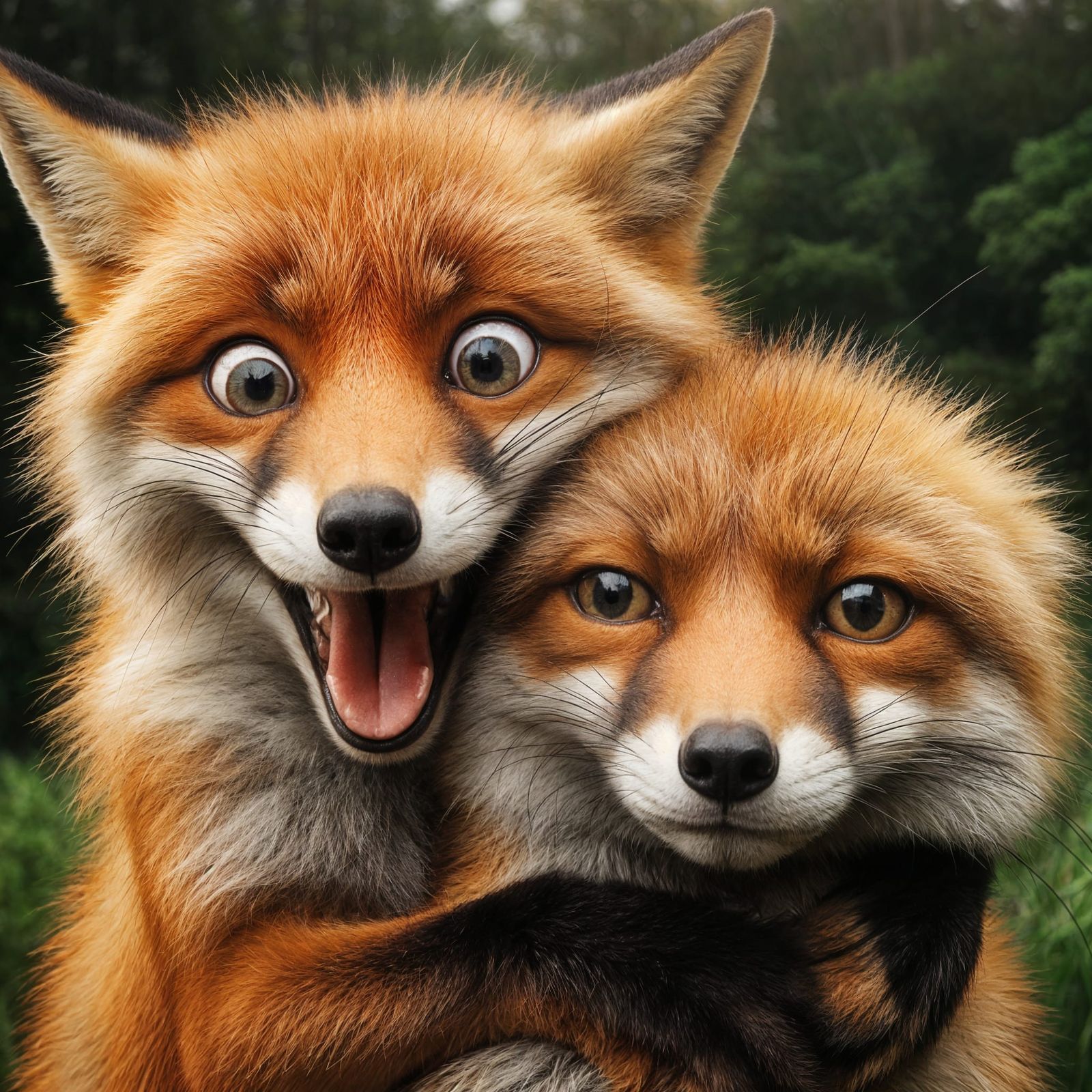 Fox Duo Portrait: Excited and Unimpressed - AI Art