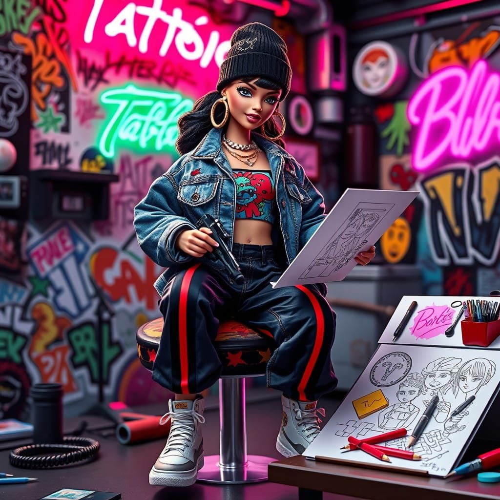Cyberpunk Barbie Tattoo Artist in 90s Urban Style - AI Art